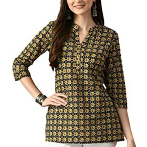 Lagi Women Straight Mandarin Collar 3/4 Sleeves Printed Short Cotton Kurti, Black & Mustard (XS)