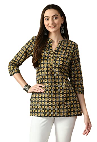 Lagi Women Straight Mandarin Collar 3/4 Sleeves Printed Short Cotton Kurti, Black & Mustard (XS)