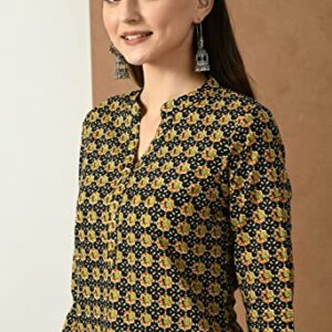 Lagi Women Straight Mandarin Collar 3/4 Sleeves Printed Short Cotton Kurti, Black & Mustard (XS)