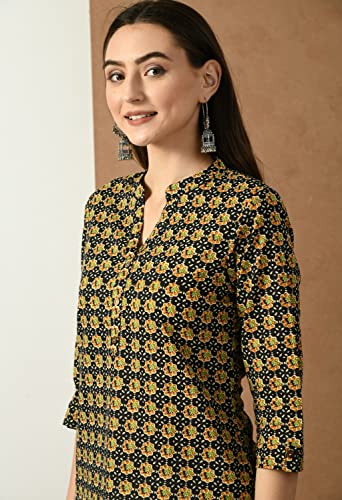 Lagi Women Straight Mandarin Collar 3/4 Sleeves Printed Short Cotton Kurti, Black & Mustard (XS)