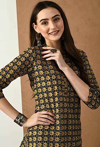 Lagi Women Straight Mandarin Collar 3/4 Sleeves Printed Short Cotton Kurti, Black & Mustard (XS)