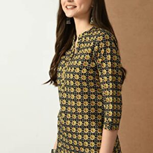 Lagi Women Straight Mandarin Collar 3/4 Sleeves Printed Short Cotton Kurti, Black & Mustard (XS)