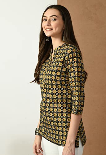 Lagi Women Straight Mandarin Collar 3/4 Sleeves Printed Short Cotton Kurti, Black & Mustard (XS)