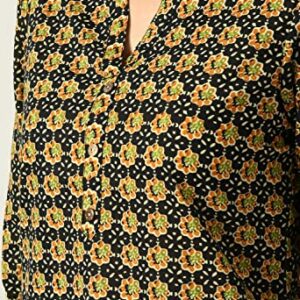 Lagi Women Straight Mandarin Collar 3/4 Sleeves Printed Short Cotton Kurti, Black & Mustard (XS)