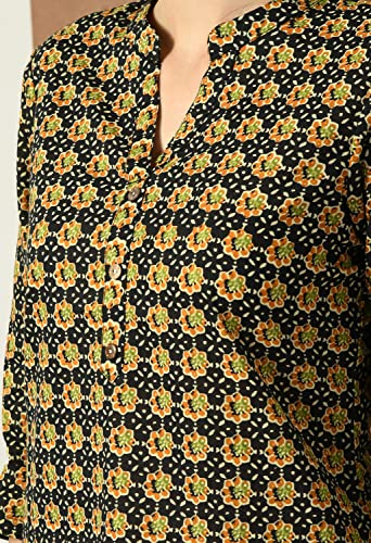 Lagi Women Straight Mandarin Collar 3/4 Sleeves Printed Short Cotton Kurti, Black & Mustard (XS)