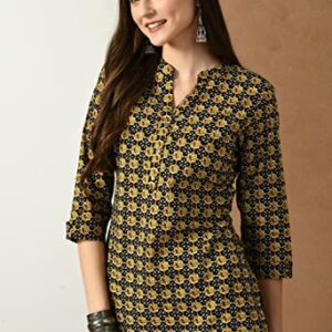 Lagi Women Straight Mandarin Collar 3/4 Sleeves Printed Short Cotton Kurti, Black & Mustard (XS)