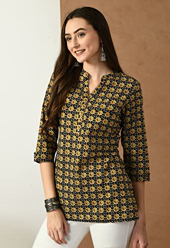 Lagi Women Straight Mandarin Collar 3/4 Sleeves Printed Short Cotton Kurti, Black & Mustard (XS)