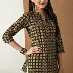 Lagi Women Straight Mandarin Collar 3/4 Sleeves Printed Short Cotton Kurti, Black & Mustard (XS)