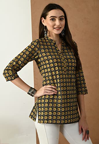 Lagi Women Straight Mandarin Collar 3/4 Sleeves Printed Short Cotton Kurti, Black & Mustard (XS)