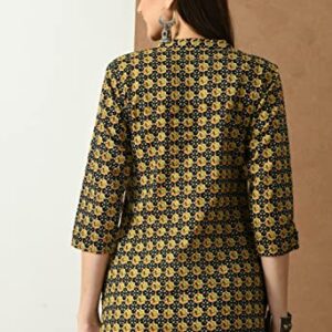 Lagi Women Straight Mandarin Collar 3/4 Sleeves Printed Short Cotton Kurti, Black & Mustard (XS)