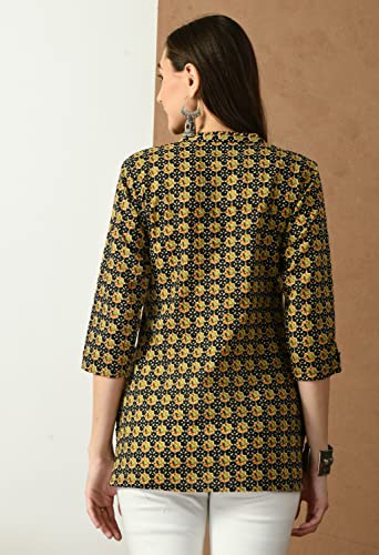 Lagi Women Straight Mandarin Collar 3/4 Sleeves Printed Short Cotton Kurti, Black & Mustard (XS)