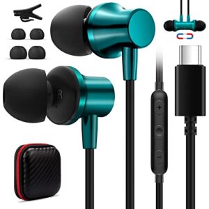 usb c headphones, usb type c earbuds wired earphones magnetic bass noise canceling in-ear headset w/mic for ipad 10 pro samsung z fold 4 flip 3 galaxy s23 s22 s21 pixel 7 6 oneplus 11 10 pro 9, green