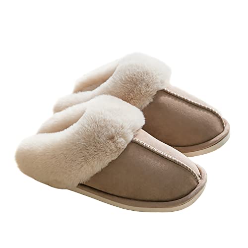 Reenloon Womens Slipper Memory Foam Fluffy Soft Warm Fuzzy Slippers Winter Anti-Skid Indoor Outdoor Slip-On Slippers Khaki