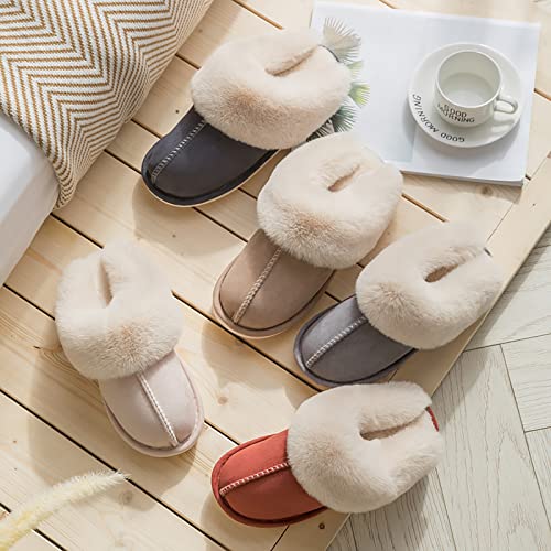 Reenloon Womens Slipper Memory Foam Fluffy Soft Warm Fuzzy Slippers Winter Anti-Skid Indoor Outdoor Slip-On Slippers Khaki