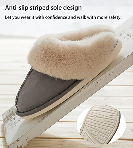 Reenloon Womens Slipper Memory Foam Fluffy Soft Warm Fuzzy Slippers Winter Anti-Skid Indoor Outdoor Slip-On Slippers Khaki