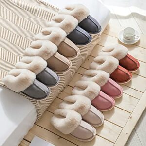 Reenloon Womens Slipper Memory Foam Fluffy Soft Warm Fuzzy Slippers Winter Anti-Skid Indoor Outdoor Slip-On Slippers Khaki