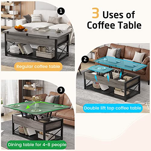 Itaar 43" Lift Top Coffee Table, 3 in 1 Multi-Function Small Coffee Table with Storage for Living Room, Dining Reception Room, Grey