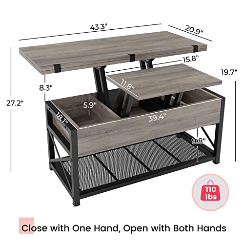 Itaar 43" Lift Top Coffee Table, 3 in 1 Multi-Function Small Coffee Table with Storage for Living Room, Dining Reception Room, Grey