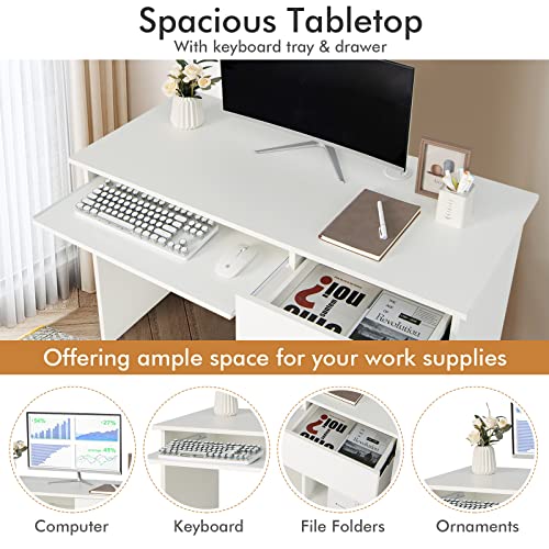 Tangkula White Desk with Drawer, Wooden Computer Desk with Pull-Out Keyboard Tray & Adjustable Storage Shelves, Modern Laptop PC Desk with CPU Stand, Writing Study Desk for Bedroom (White)