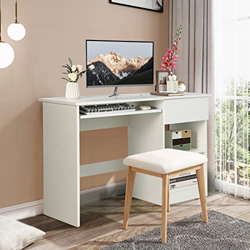 Tangkula White Desk with Drawer, Wooden Computer Desk with Pull-Out Keyboard Tray & Adjustable Storage Shelves, Modern Laptop PC Desk with CPU Stand, Writing Study Desk for Bedroom (White)