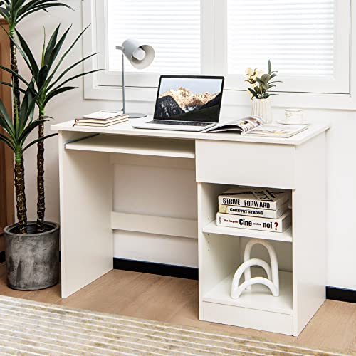 Tangkula White Desk with Drawer, Wooden Computer Desk with Pull-Out Keyboard Tray & Adjustable Storage Shelves, Modern Laptop PC Desk with CPU Stand, Writing Study Desk for Bedroom (White)