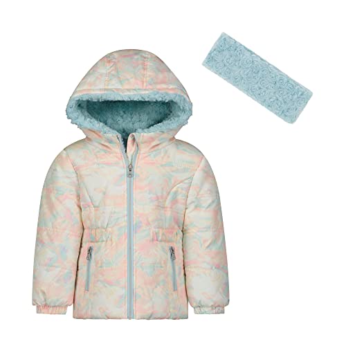 LONDON FOG Baby Girl's Hooded Winter Jacket, Aqua with Matching Sherpa Fleece Headband, 12MO