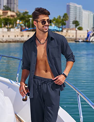 COOFANDY Men's 2 Pieces Linen Set Button Down Shirts and Loose Pants Wide Leg Baggy Beach Yoga Trousers Outfits