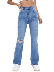 floerns women's high waisted ripped jeans flare leg bell bottom denim pants light blue m