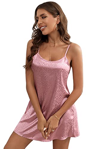 Verdusa Women's Casual Satin Sleepwear Lingerie Sleeveless Spaghetti Strap Jacquard Satin Night Cami Dress Dusty Pink S