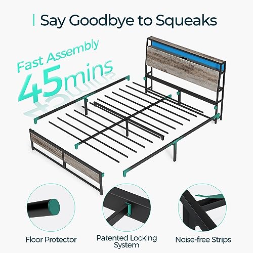 LINSY Full Bed Frame with Storage, Ergonomic Headboard, 14 inch Fast Assembly Metal Bed with Lights, Outlets & USB, Full Size, Noise Free, No Box Spring Needed, Greige