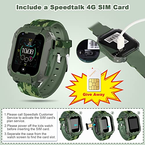 4G Kids Smart Watch Phone, Camouflage Boys Girls Water Resistant Watch with GPS Tracker and SIM Card, Voice & Video Chat, Alarm, Face Unlock Detachable Screen WiFi Wrist Watch for Kids (Green)