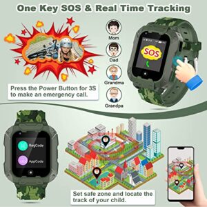 4G Kids Smart Watch Phone, Camouflage Boys Girls Water Resistant Watch with GPS Tracker and SIM Card, Voice & Video Chat, Alarm, Face Unlock Detachable Screen WiFi Wrist Watch for Kids (Green)