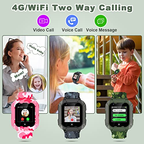 4G Kids Smart Watch Phone, Camouflage Boys Girls Water Resistant Watch with GPS Tracker and SIM Card, Voice & Video Chat, Alarm, Face Unlock Detachable Screen WiFi Wrist Watch for Kids (Green)