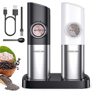 siyoteam electric salt and pepper grinder set, automatic gravity salt and pepper grinder set, electric pepper mill grinder rechargeable with charging base, adjustable coarseness, larger capacity