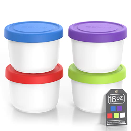 BALCI - 16oz Ice Cream Containers with Silicone Lids (Set of 4) - 1 Pint Each Freezer Food Storage Containers, Reusable, LeakProof, For Homemade IceCream Containers - Blue, Red, Green, Purple