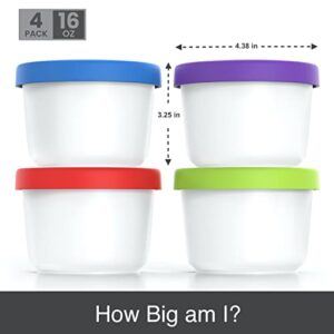 BALCI - 16oz Ice Cream Containers with Silicone Lids (Set of 4) - 1 Pint Each Freezer Food Storage Containers, Reusable, LeakProof, For Homemade IceCream Containers - Blue, Red, Green, Purple