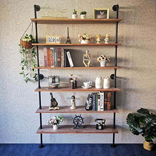 Anynice 6 Tier Industrial Ladder Pipe Shelf, Wall Mounted Wood Metal Bookshelf for Living Room Storage (Weathered Brown, 10" D x 48" W x 82.5" H)