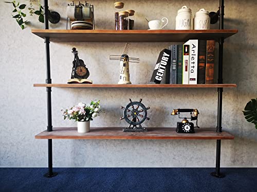 Anynice 6 Tier Industrial Ladder Pipe Shelf, Wall Mounted Wood Metal Bookshelf for Living Room Storage (Weathered Brown, 10" D x 48" W x 82.5" H)