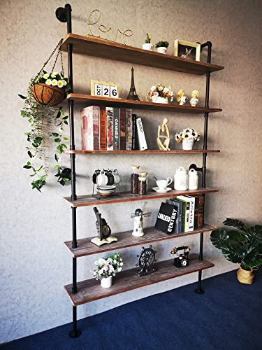 Anynice 6 Tier Industrial Ladder Pipe Shelf, Wall Mounted Wood Metal Bookshelf for Living Room Storage (Weathered Brown, 10" D x 48" W x 82.5" H)