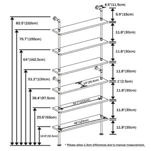 Anynice 6 Tier Industrial Ladder Pipe Shelf, Wall Mounted Wood Metal Bookshelf for Living Room Storage (Weathered Brown, 10" D x 48" W x 82.5" H)