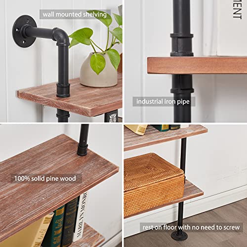 Anynice 6 Tier Industrial Ladder Pipe Shelf, Wall Mounted Wood Metal Bookshelf for Living Room Storage (Weathered Brown, 10" D x 48" W x 82.5" H)