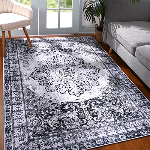 YJ.GWL Boho Area Rug 4x6, Washable Bedroom Rug, Soft Distressed Accent Rugs for Living Room Entryway Dining Room, Non-Slip Non-Shedding Low-Pile Floor Carpet, Navy Blue