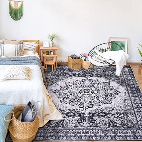 YJ.GWL Boho Area Rug 4x6, Washable Bedroom Rug, Soft Distressed Accent Rugs for Living Room Entryway Dining Room, Non-Slip Non-Shedding Low-Pile Floor Carpet, Navy Blue