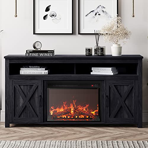 BELLEZE 58" TV Stand with 23" Electric Fireplace, Barn Door TV Stand for TVs up to 60", Wood Entertainment Center with Open Shelves and Cabinets - Corin (Rustic Grey)