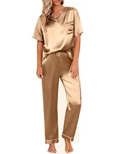 ekouaer womens short sleeve satin silk pajama set 2 pieces loungewear sleepwear long pajama pant set champagne