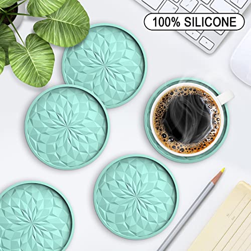 Silicone Coasters [6 Pack] ME.FAN Coasters with Holder - Drinking Coasters - Cup Mat for Drinks - Live for Hot or Cold Drink Thickened, Non-Slip, Non-stick, Deep Tray Mint Green