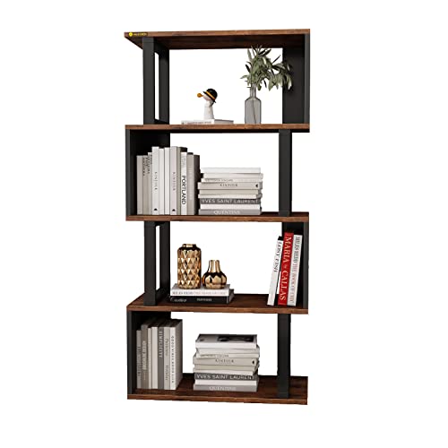 MIN WIN 5-Tier Open Storage Display Shelf,50.2" Tall Storage Wooden Bookshelf and Bookcase,Modern S-Shaped Bookshelves,Freestanding Decorative Storage Shelves with Metal Frame for Living Room