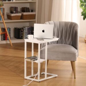 Vagusicc C Shaped End Table with Charging Station, Small Side Tables with USB Ports and Outlets, Snack Sofa Table C Couch Table for Small Spaces, White Bed Side Table for Living Room, Bedroom, Office