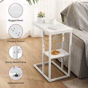 Vagusicc C Shaped End Table with Charging Station, Small Side Tables with USB Ports and Outlets, Snack Sofa Table C Couch Table for Small Spaces, White Bed Side Table for Living Room, Bedroom, Office