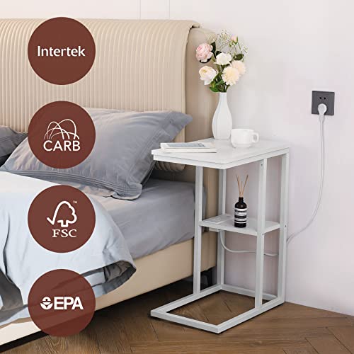 Vagusicc C Shaped End Table with Charging Station, Small Side Tables with USB Ports and Outlets, Snack Sofa Table C Couch Table for Small Spaces, White Bed Side Table for Living Room, Bedroom, Office